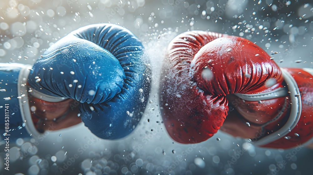Two boxing gloves clashing, one red and one blue, close-up shot, bright ...