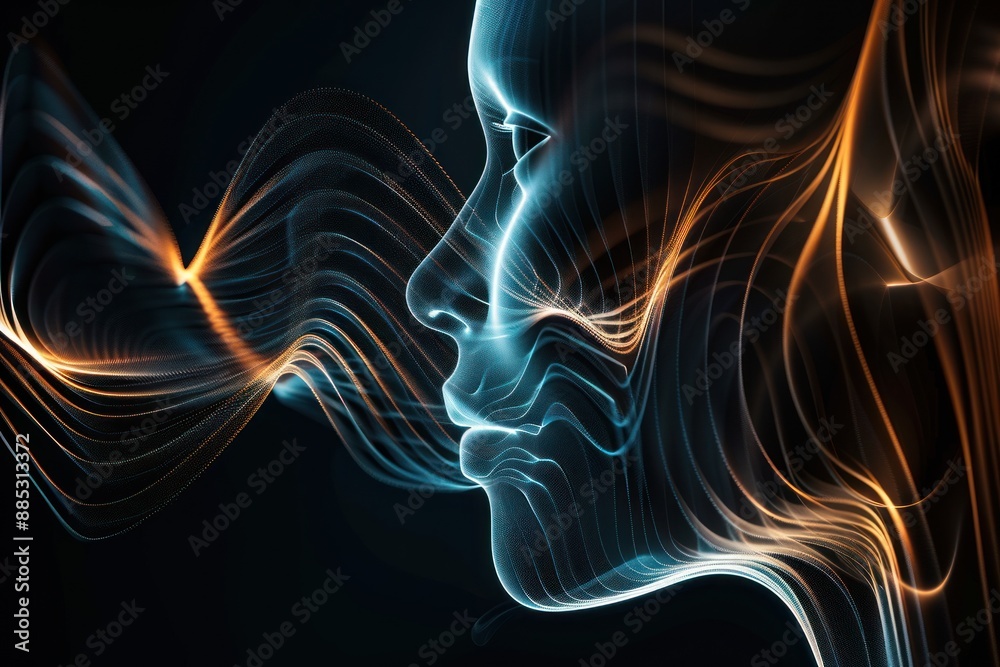 Profile of a robot face and sound waves wooks that pass through it ...