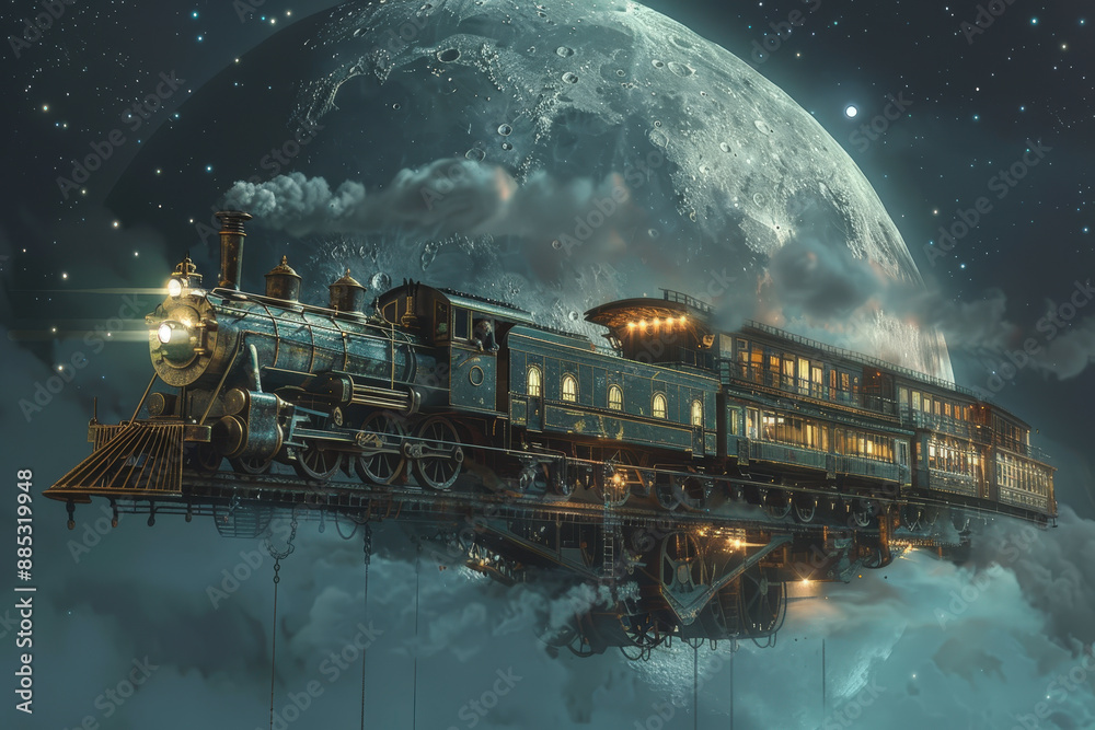 A majestic steam train soars through the night sky, passing in front of ...