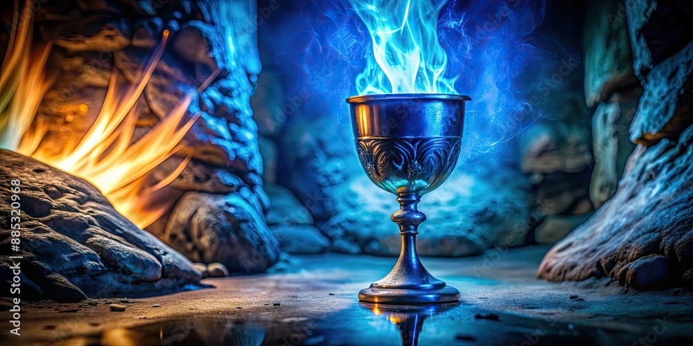 Goblet with blue flames illuminating ancient cavern artifacts, Goblet ...