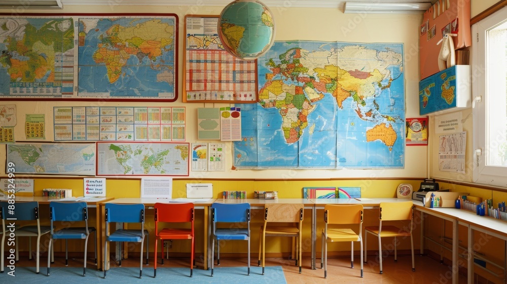 Classroom with Colorful Chairs and World Maps on Walls. Stock Photo ...
