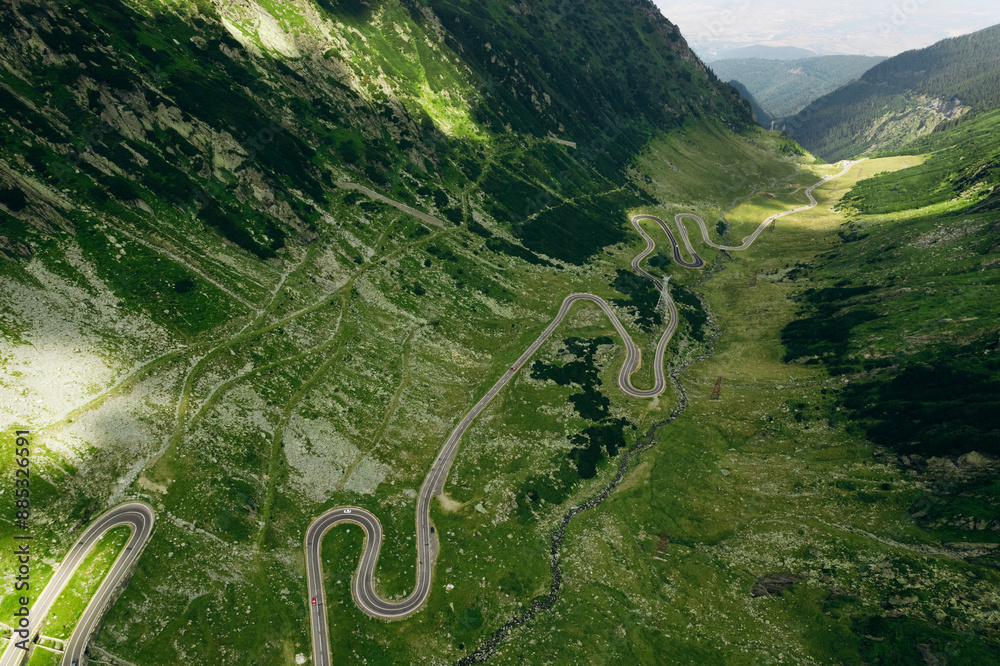 Transfagarasan famous curvy road in Romania. Aerial view of ...
