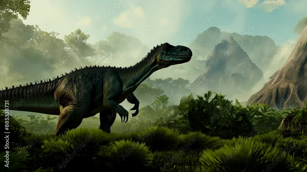 Dinosaur in wild prehistoric natural landscape. Jurassic Mesozoic era ...