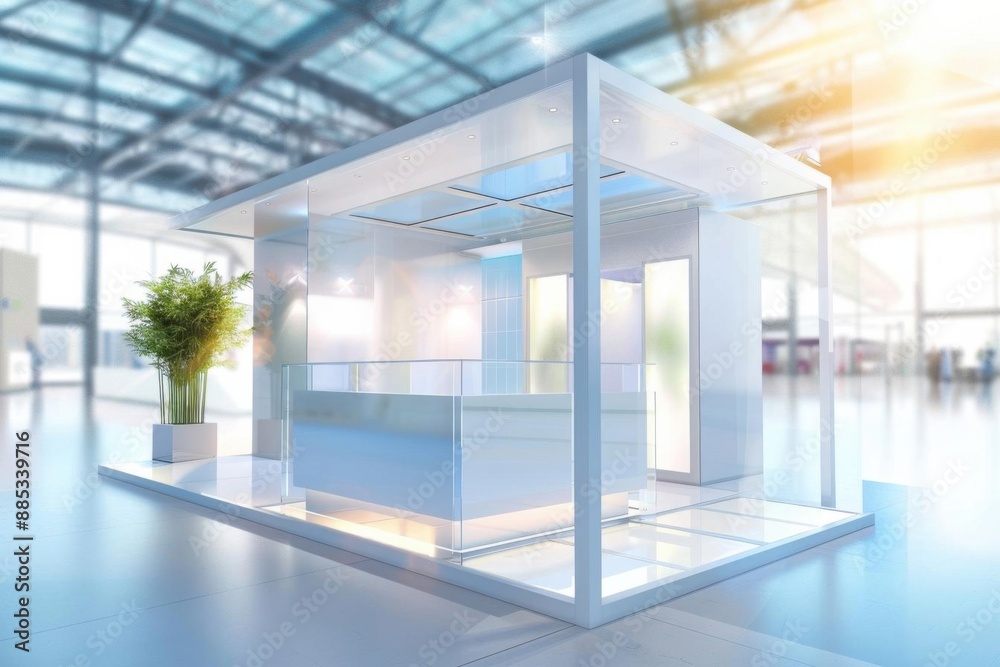 Modern empty white exhibition booth with glass walls in a spacious ...