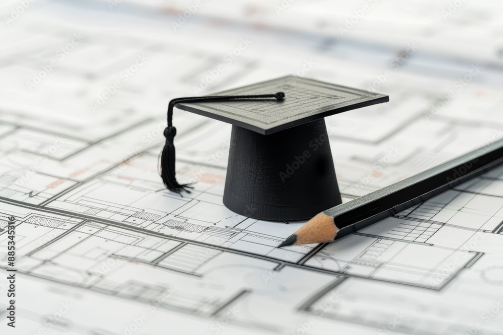 Mechatronic drawings and graduation cap close-up. Concept in ...