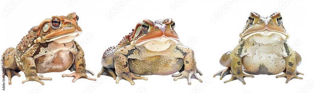 A collection of seven watercolour illustrations of common toads ...
