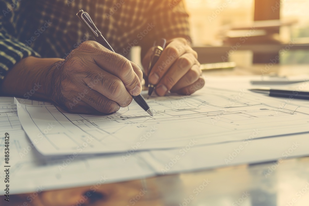 The image shows a fake blueprint for a building in a design studio. In ...