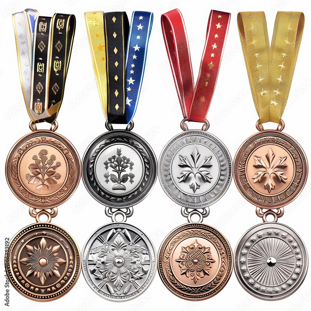 A set of six medals with different designs and colors. The medals are ...