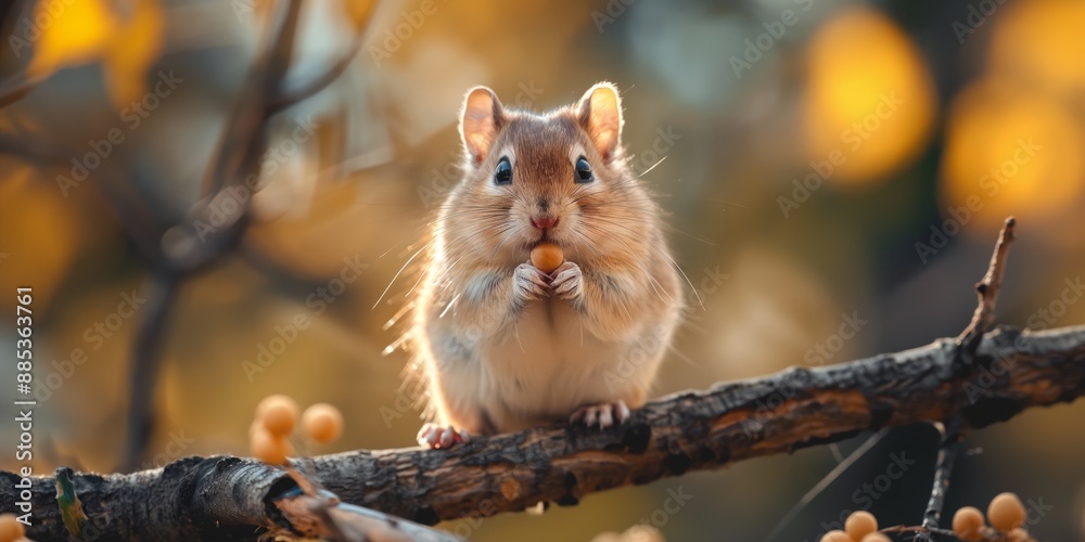Cute wild hamster with bulging cheeks sitting on a branch, nibbling on ...