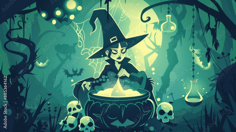 Cartoon witch brewing a potion in a cauldron with spooky decorations ...