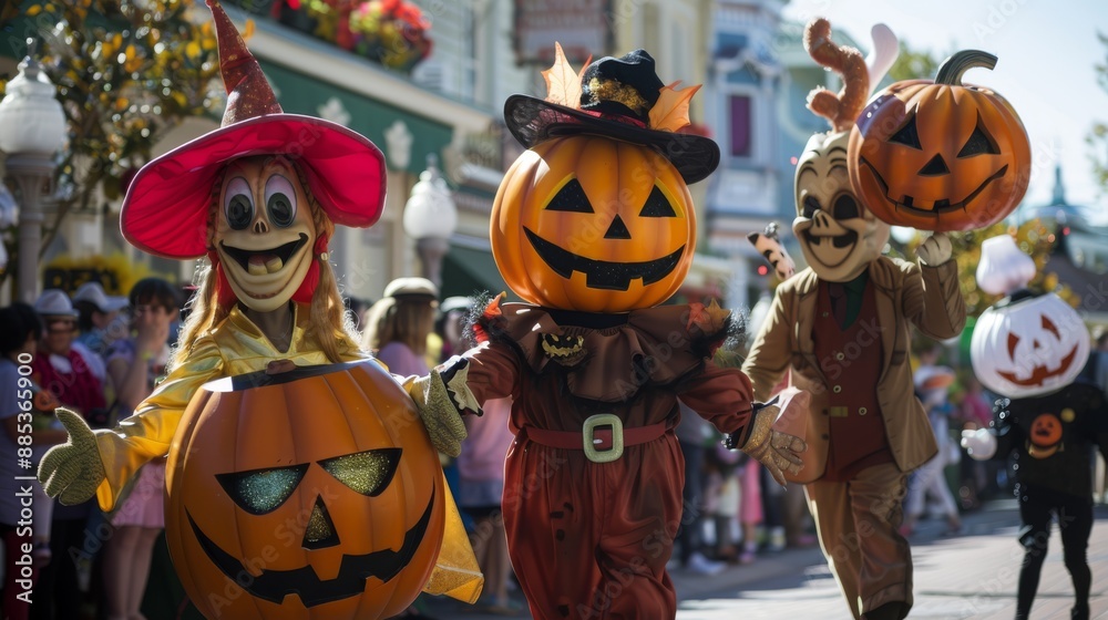 Spooky Halloween parade with cartoon characters in costumes and creepy ...