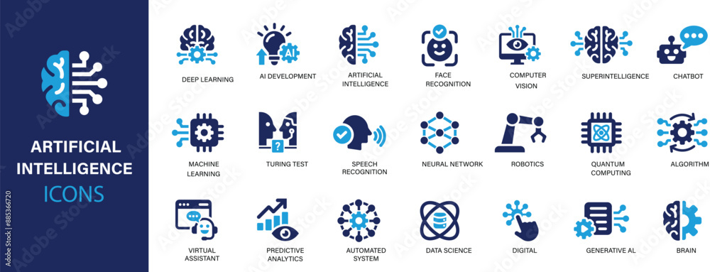Vetor de Artificial intelligence icon set. Containing machine learning, data science, AI ...