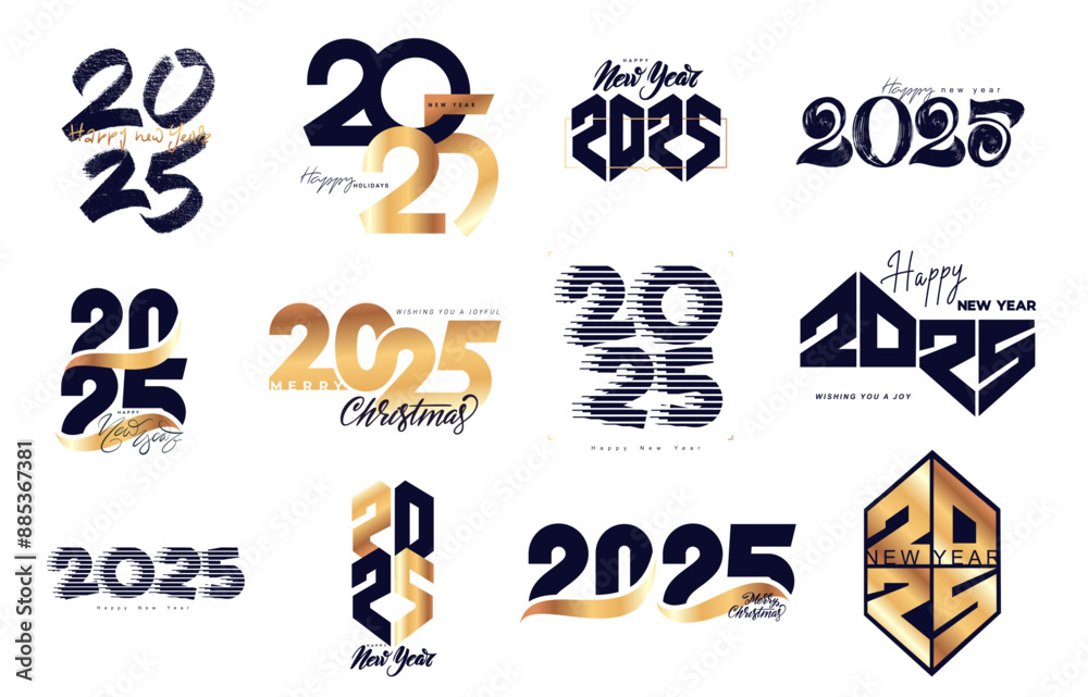 2025 numbers design template set. 2025 New Year logo gold and black ...