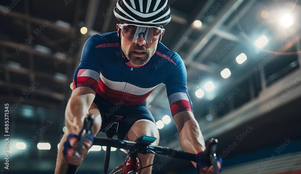 Professional cyclist wearing a red, white and blue jersey on an indoor ...