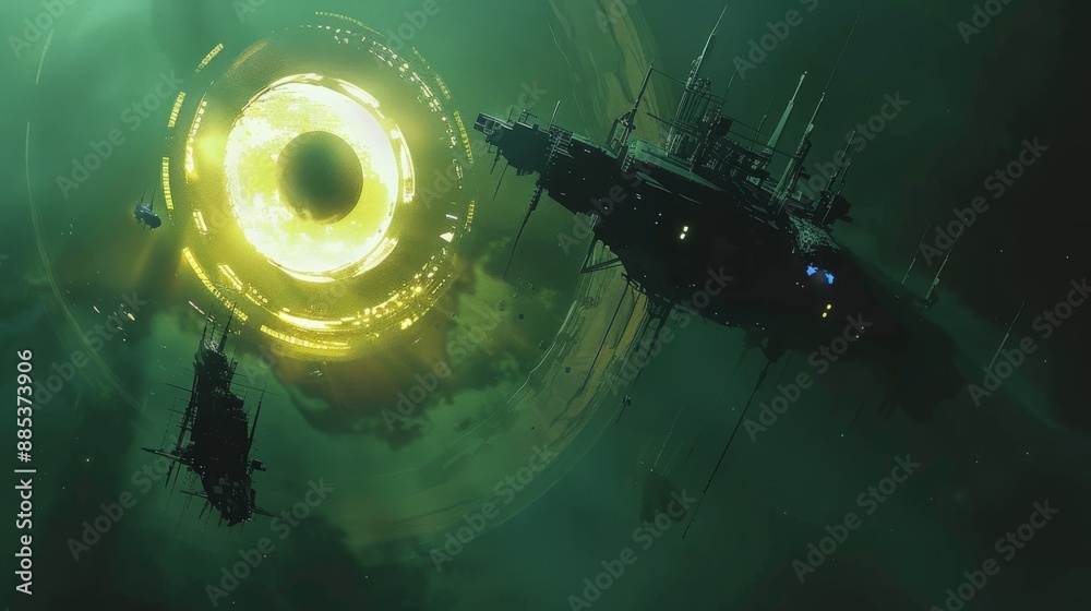 Draw flying ships of the future, two ships in space flying towards a ...