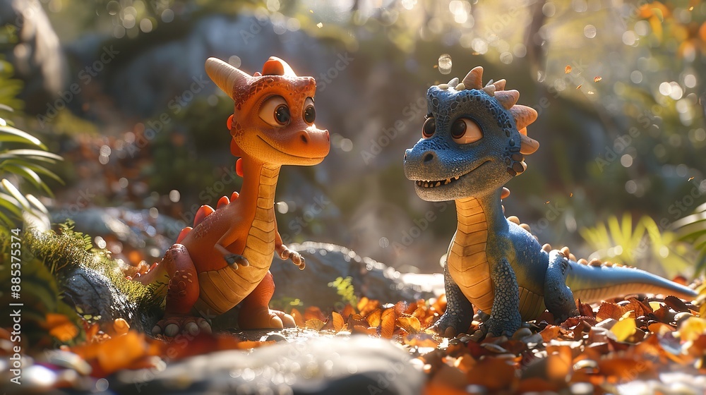 Cute dinosaurs in a colorful prehistoric landscape, Fujifilm XT3, soft ...