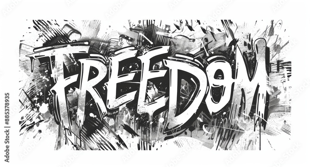 'Freedom' written in graffiti-style letters with a spray paint effect ...