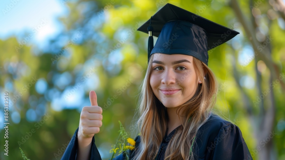 Graduate school, campus portrait of girl with thumbs up for achievement ...