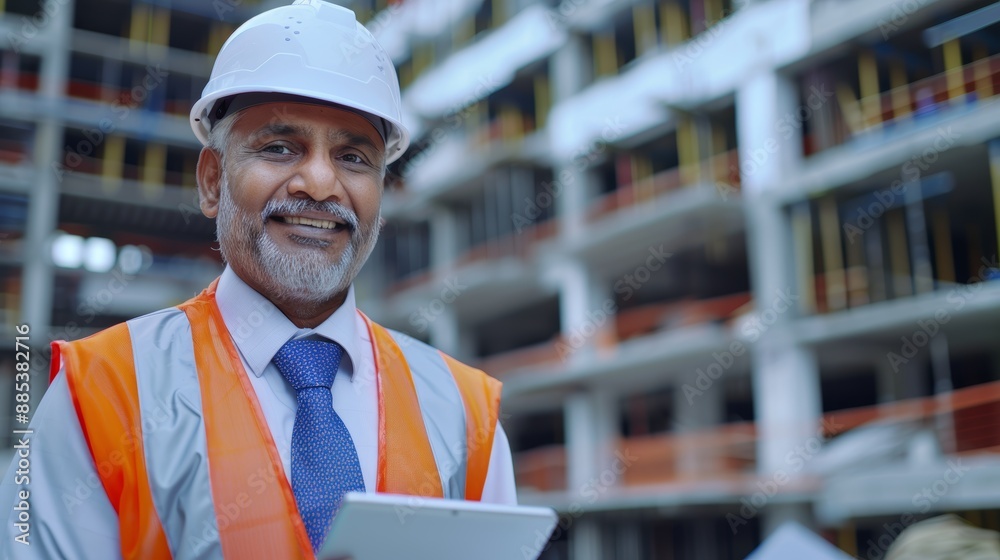 Solar panel engineering, guy and tablet, city construction photo, and ...