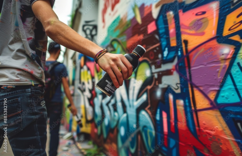 Stack of graffiti artists holding spray color cans against mural background - Young painter at ...
