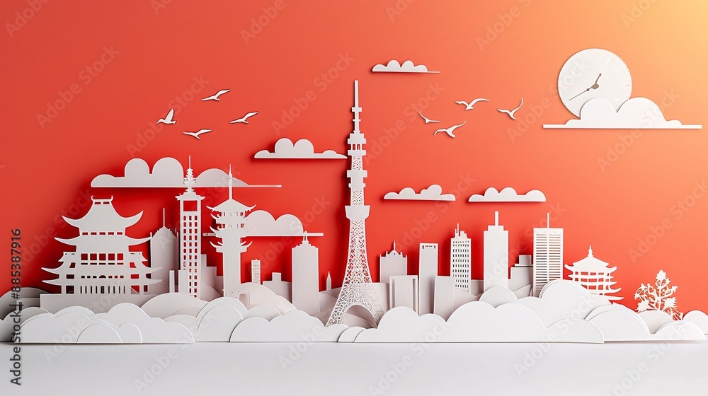 Scenic paper cut art of the Tokyo skyline with iconic buildings and a ...