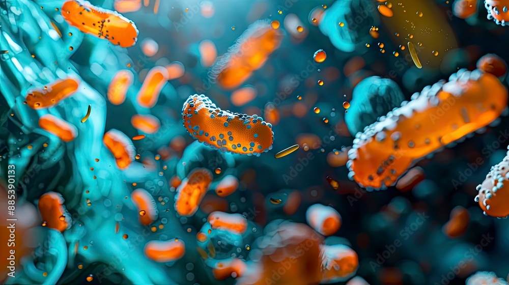 Conceptual image of bacteria interacting with antibiotics, illustrating ...