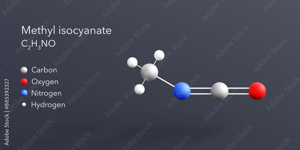 methyl isocyanate molecule 3d rendering, flat molecular structure with ...