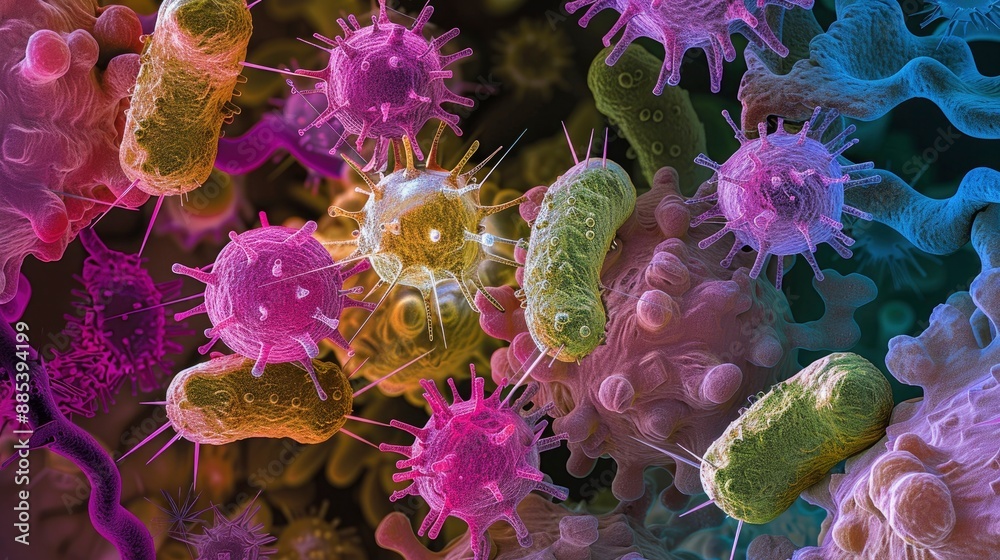 Microscopic view of pathogenic bacteria interacting with human immune ...