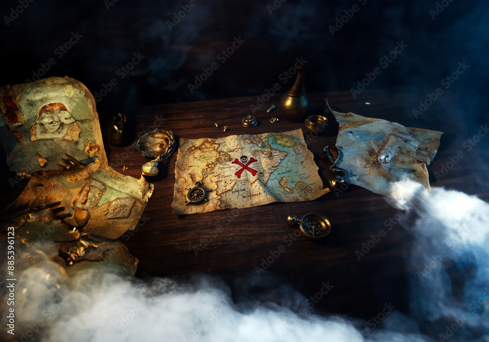 Treasure map with pirate ship routes. Stock Photo | Adobe Stock