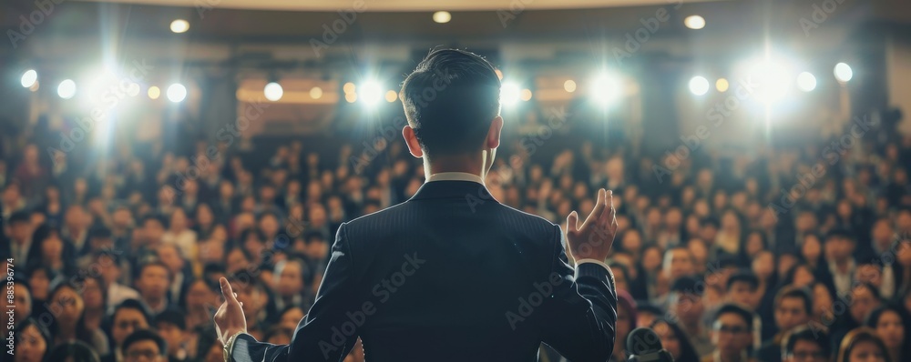 A business leader giving an interview on stage in front of the audience ...