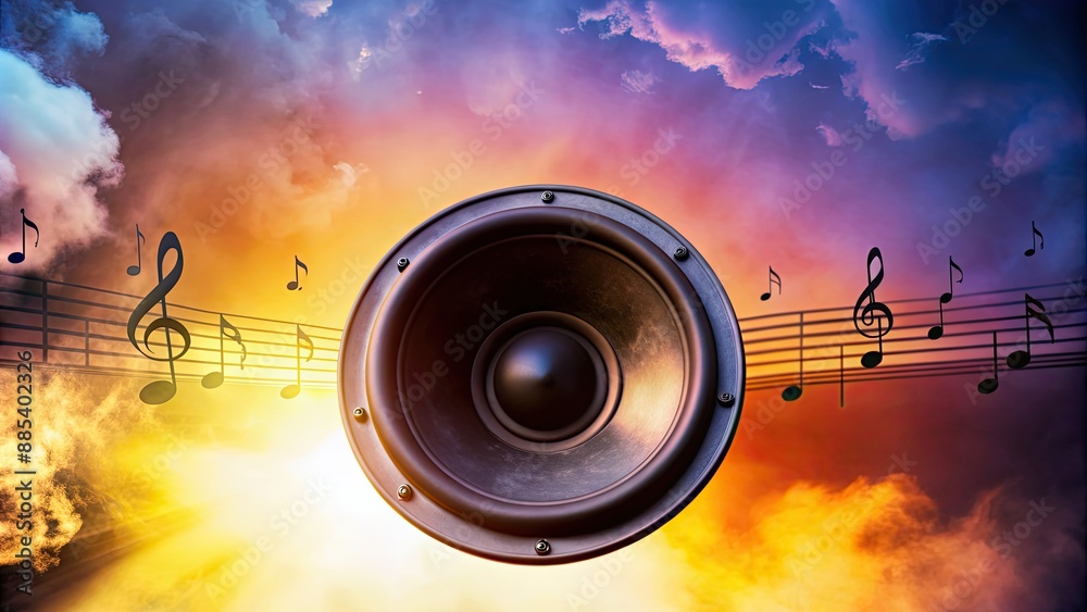 Bright music background with musical notes and a huge loud speaker ...