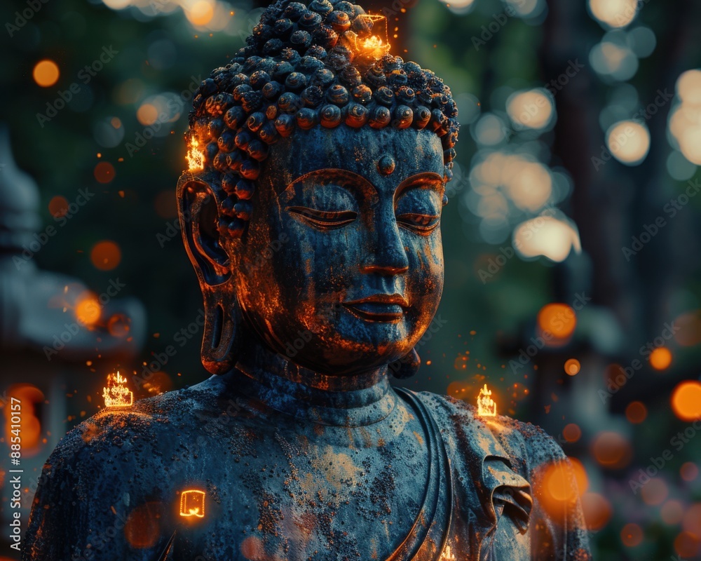 Enlightened Thai Buddha Statue in Mystical Forest Setting with Glowing ...