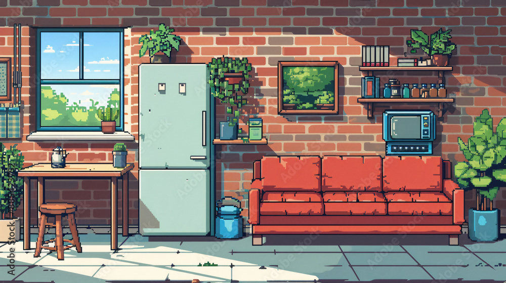 8-bit style illustration of a kitchen with wooden furniture and a ...