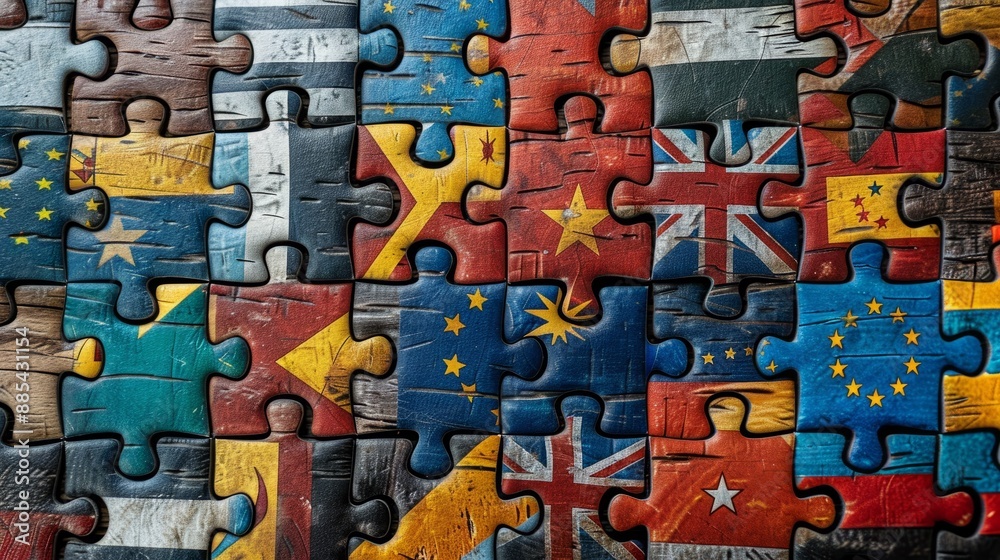 International puzzle showing various country flags, symbolizing global ...