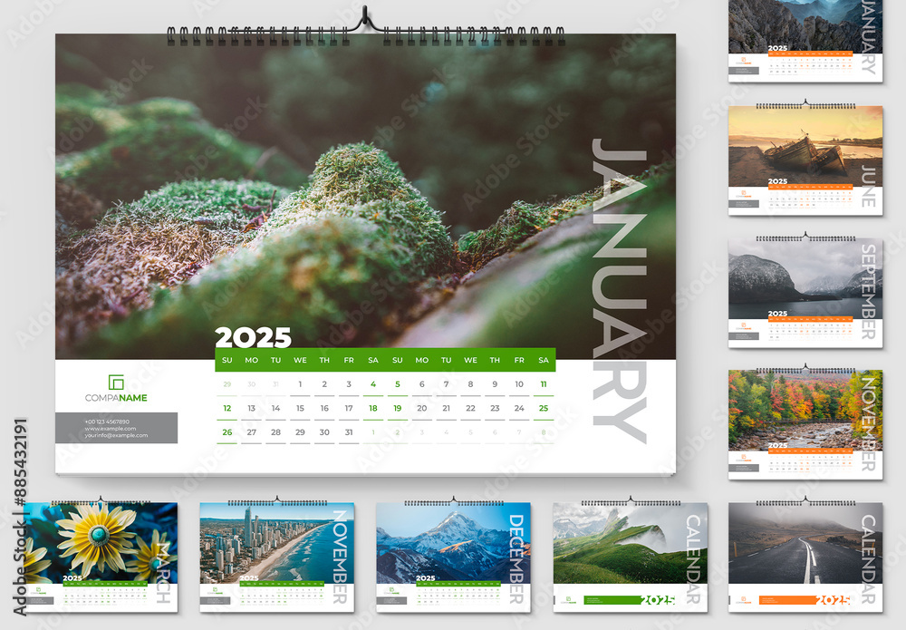 Landscape Calendar 2025 Layout with Orange and Green Accents Stock ...