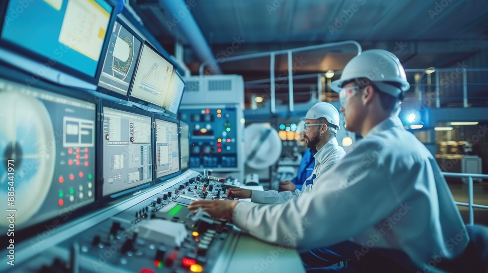 Engineers operate advanced machinery in a high-tech industrial control ...