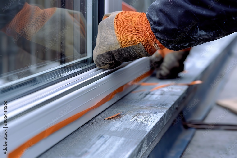 Window Measuring. Workman fixing, adjusting new plastic PVC window with ...