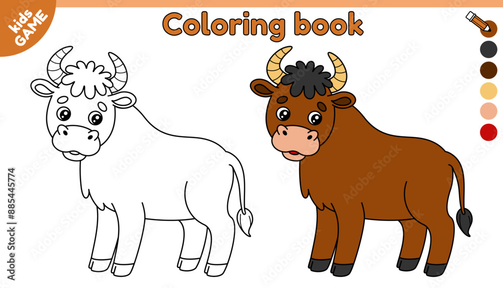 Page of kids coloring book with farm bull. Color the outline farm ...