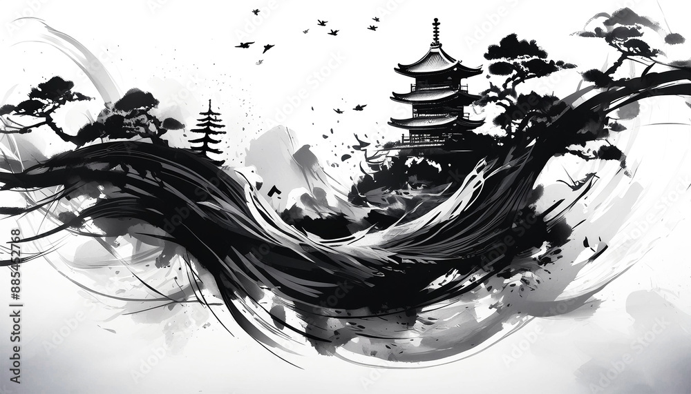 Abstract black paint splash, white background, Japanese style ...