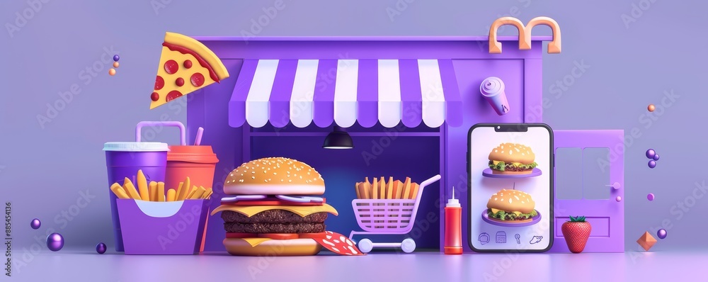 Online fast food order and delivery concept. Various fast food dishes ...