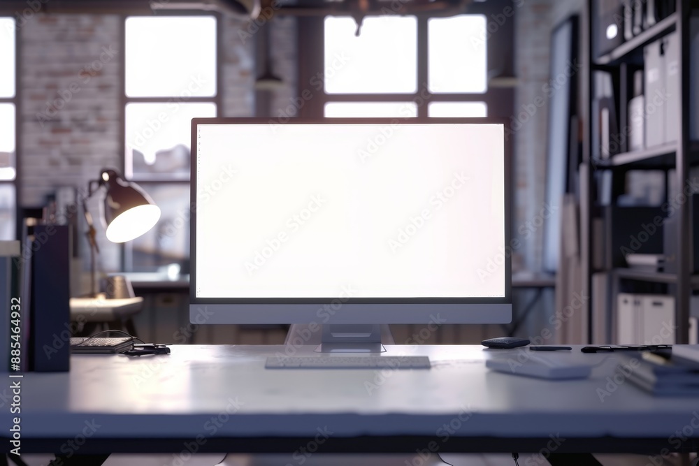 modern office desk blank computer screen keyboard desk lamp bookshelf ...