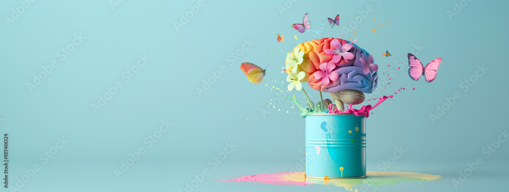 Human brain, rainbow color splash from a paint can, butterflies flying ...