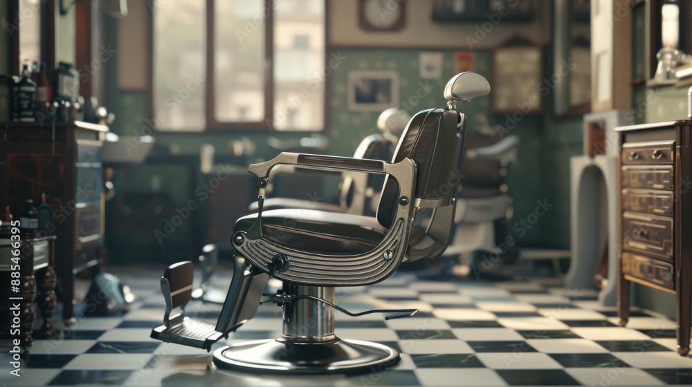 An empty vintage barber chair stands in an old-fashioned barbershop ...