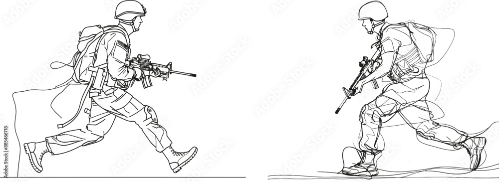 One line drawing of a soldier in an army uniform and holding a rifle ...
