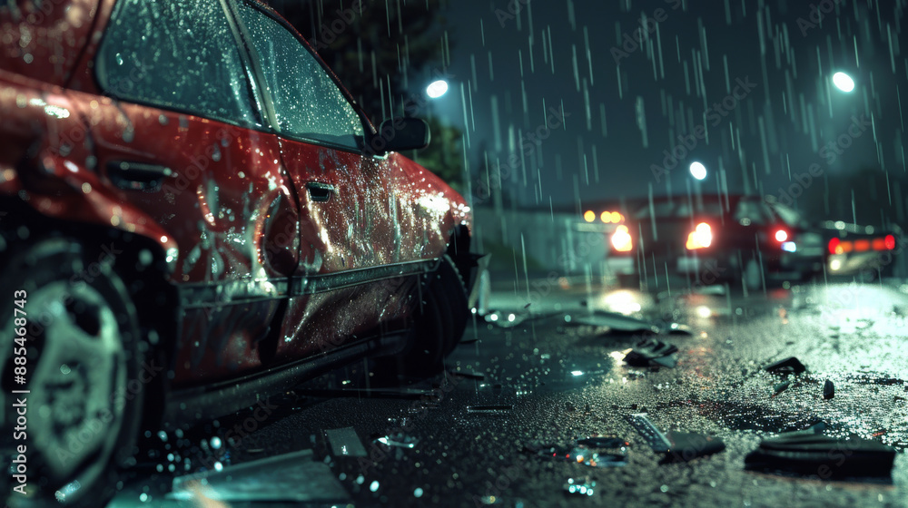A dramatic night scene with heavy rain pouring on a red car after a ...