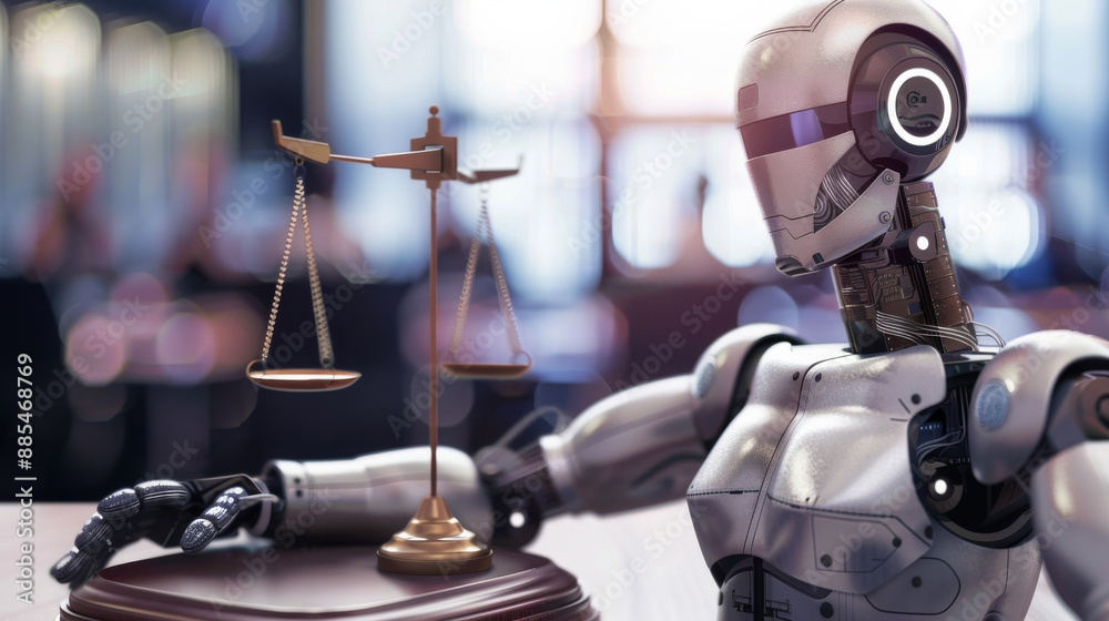 A futuristic robot with a balanced scale in its hand stands as a symbol ...