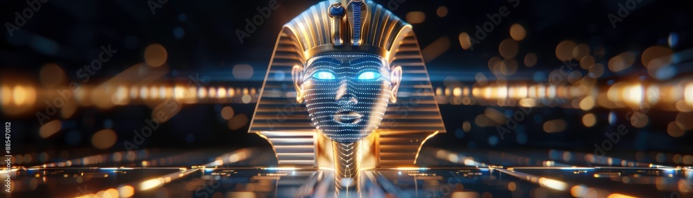Futuristic robotic Pharaoh head with glowing eyes and gold elements ...