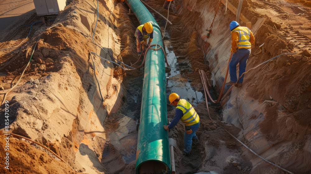 Construction workers in reflective vests and hard hats laying down a ...