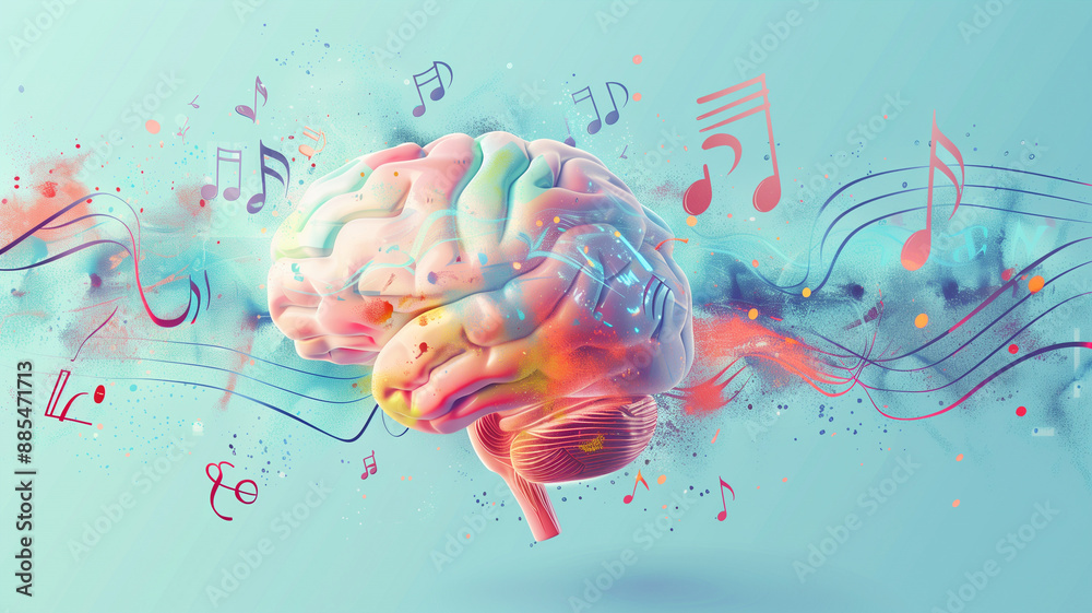 Human brain with vibrant melody wave and music notes, self care and ...