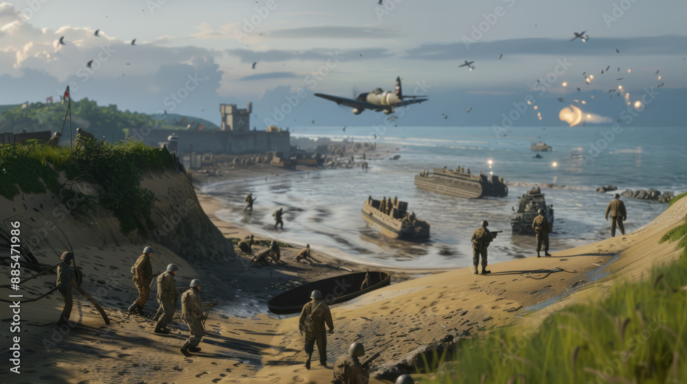 Historical war beach scene with soldiers, landing crafts, and aircraft ...